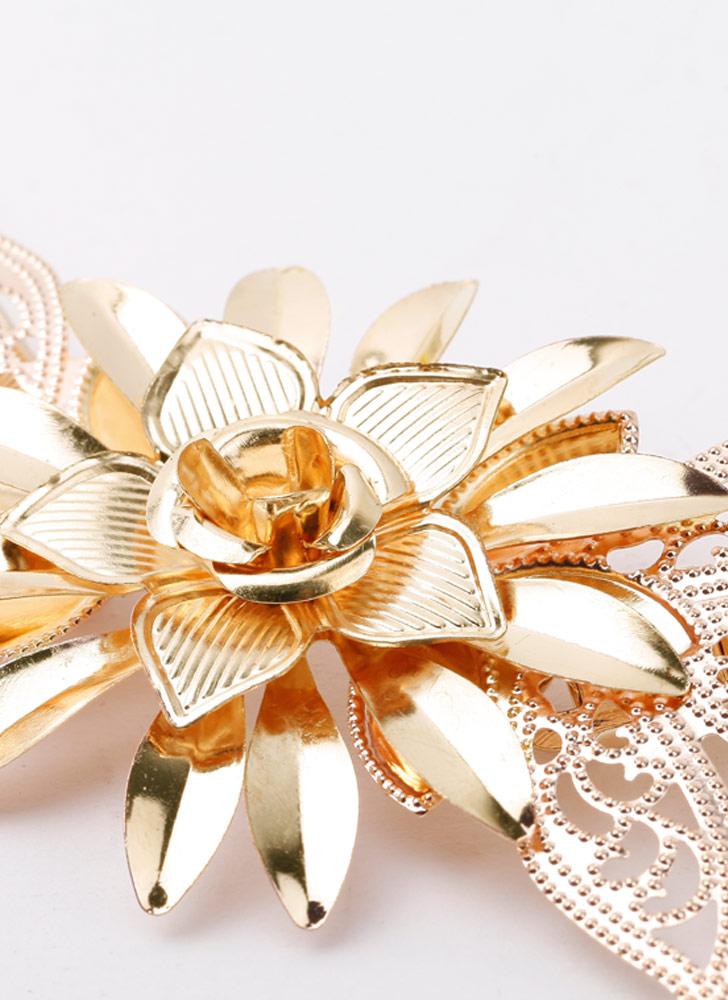 Mode Frauen Lady Gold Metall Kette Gürtel Blumen Verzierung elastische ...