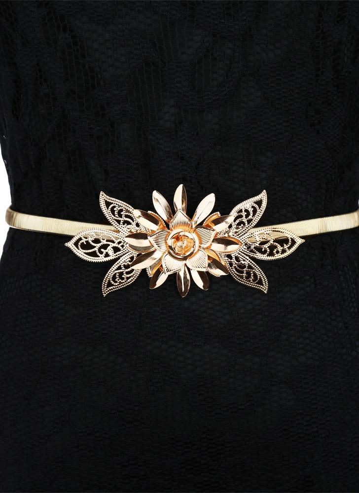Mode Frauen Lady Gold Metall Kette Gürtel Blumen Verzierung elastische ...