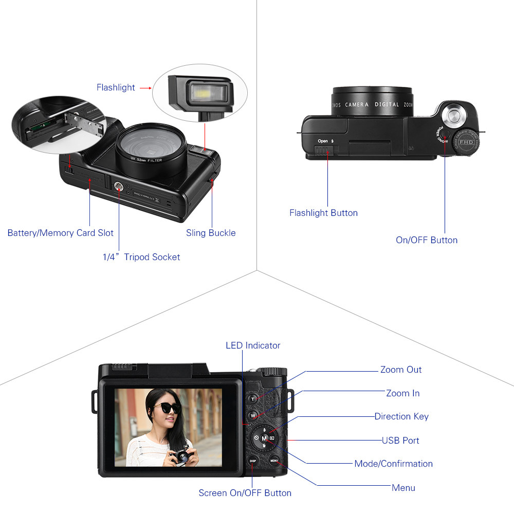 Andoer Digital Camera Vlogging Camcorder Full HD 1080P 24MP Video ...