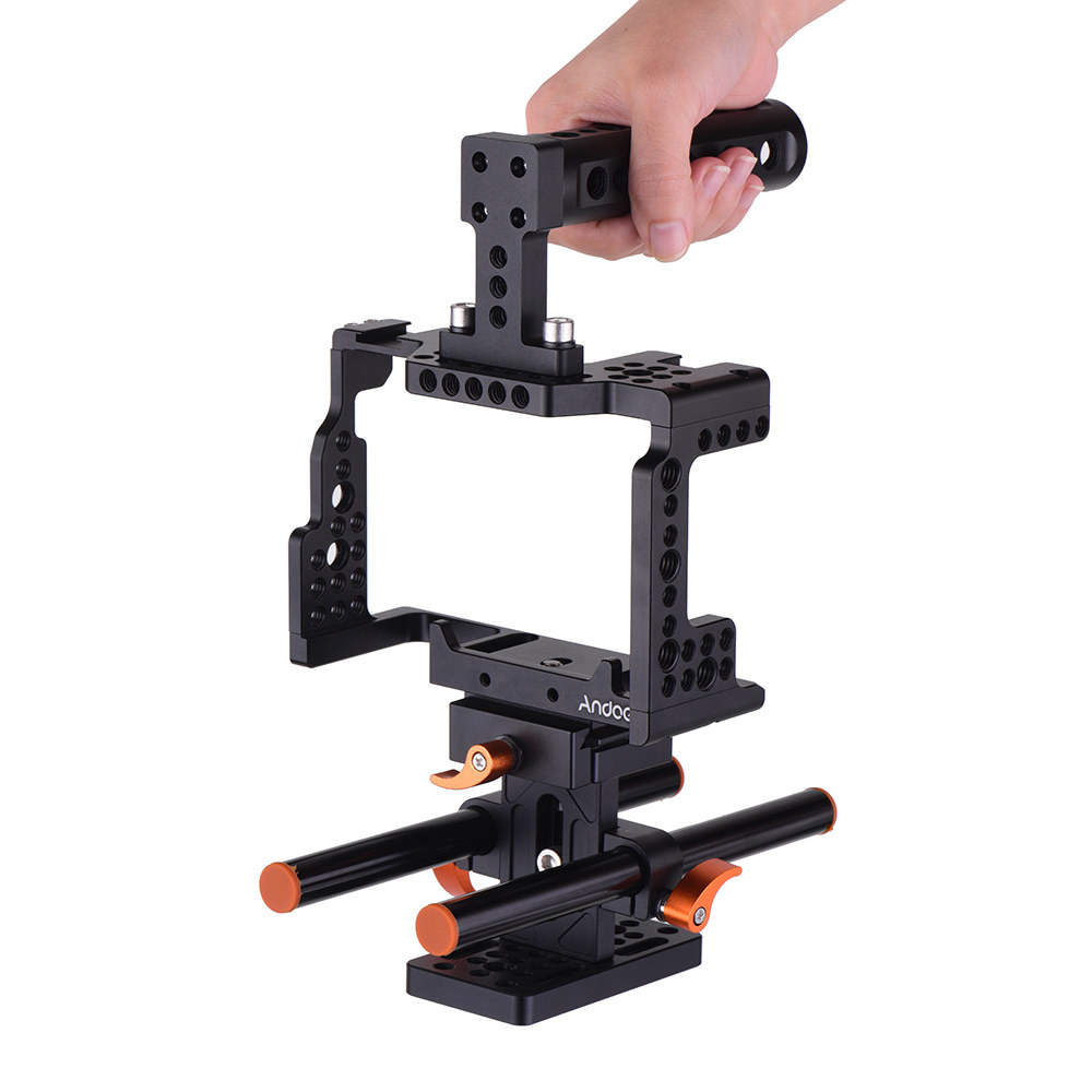 Andoer Camera Cage + Top Handle + 15mm Rod Baseplate Kit Video Film ...