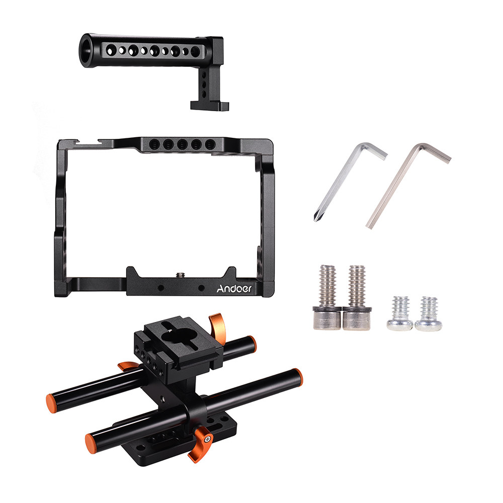 Andoer Camera Cage + Top Handle + 15mm Rod Baseplate Kit Video Film ...