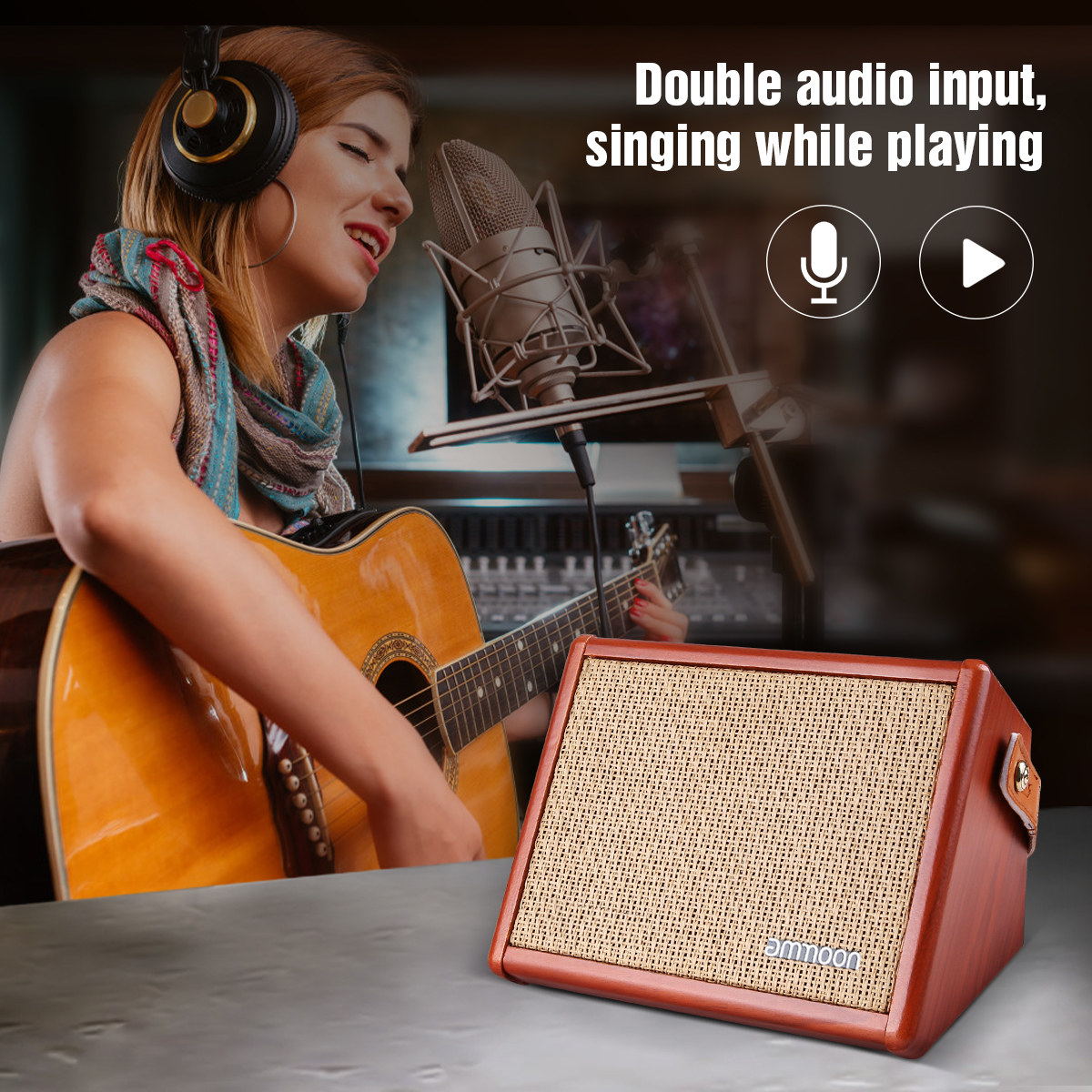 ammoon AC-15 15W Portable Acoustic Guitar Amplifier Amp BT Speaker with ...