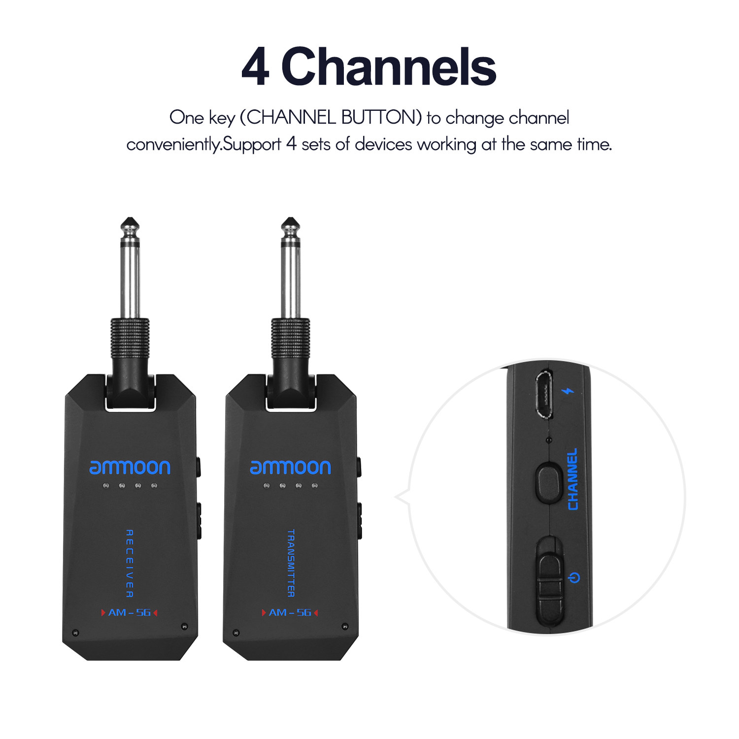 ammoon AM-5G Wireless 5.8G Guitar System Rechargeable Audio Transmitter ...