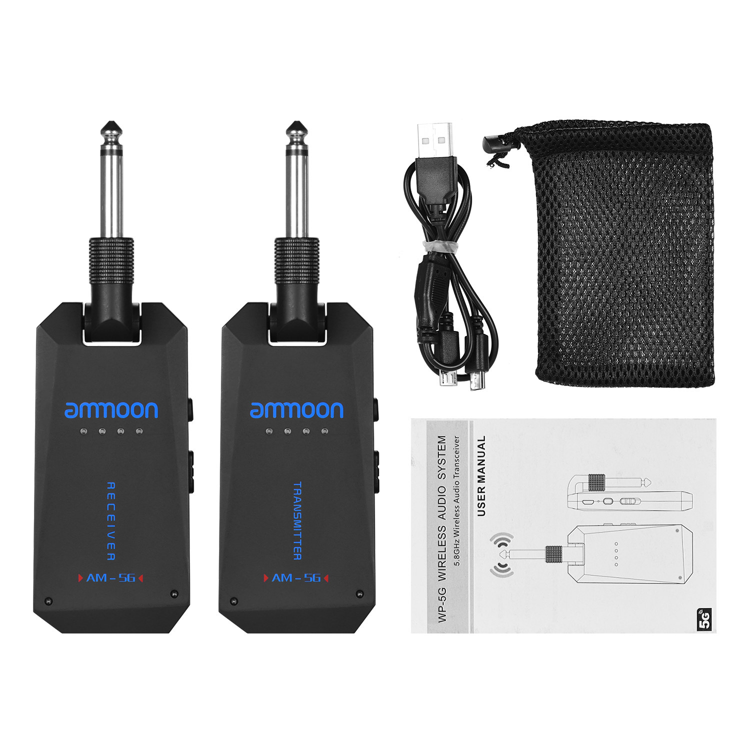 ammoon AM-5G Wireless 5.8G Guitar System Rechargeable Audio Transmitter ...