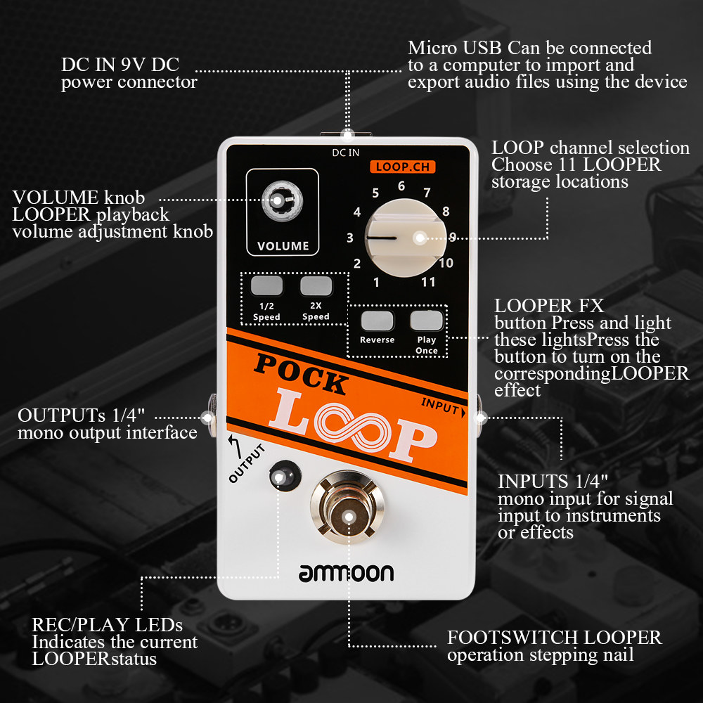 ammoon POCK LOOP Looper Guitar Effect Pedal 11 Loopers Max.330mins Recording Time Supports 1/2 ...
