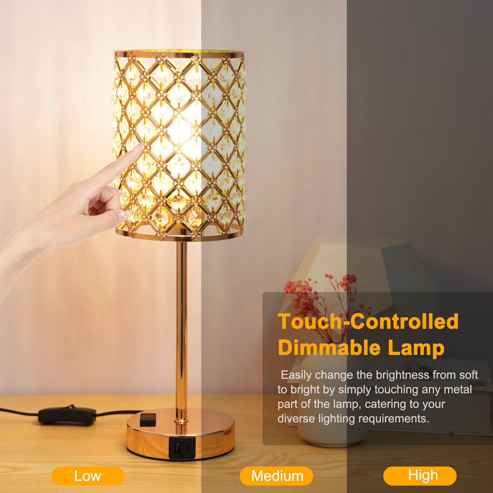 2PCS Crystal Table Lamp Touch Control Bedside Lamp with Warm White ...