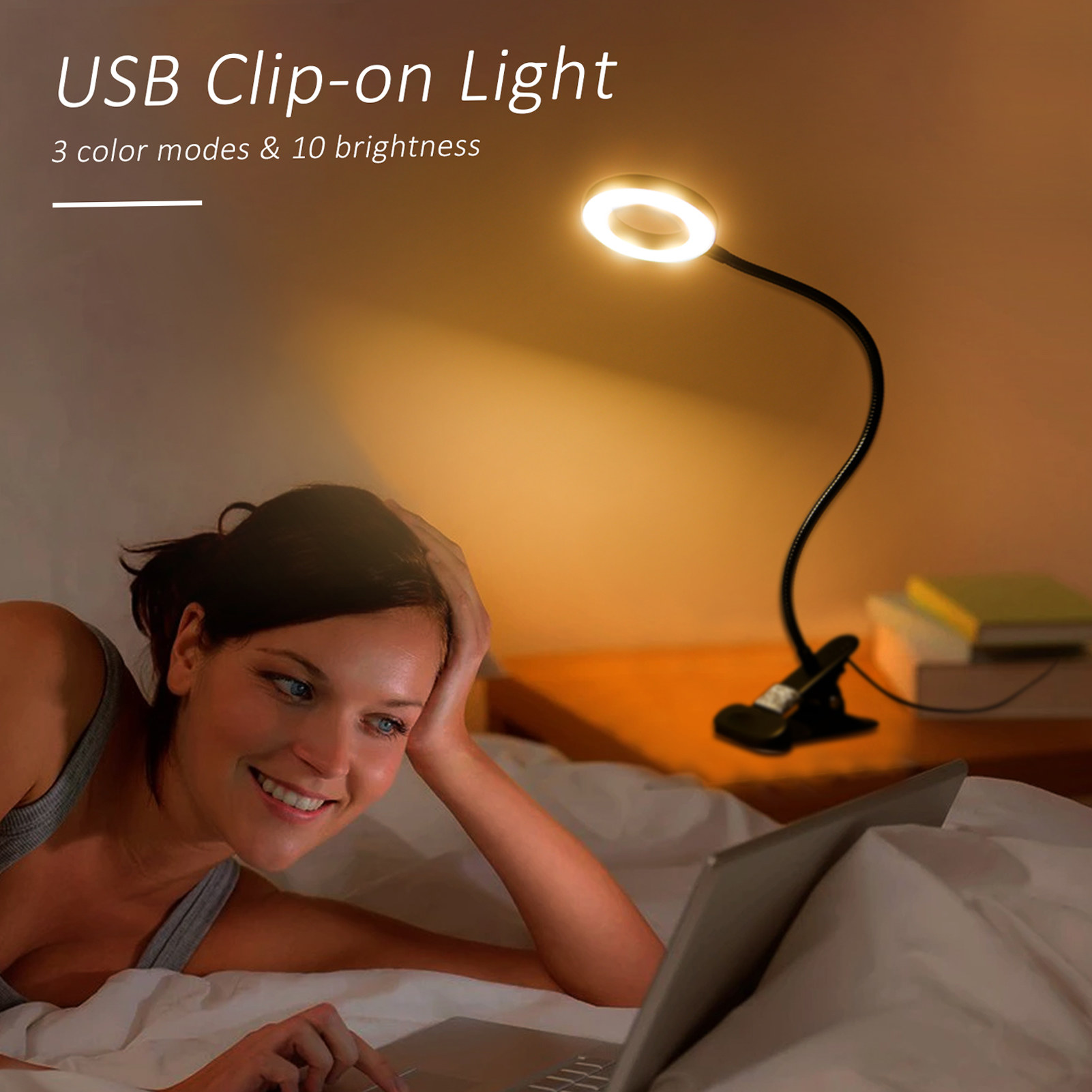 Tomshine USB Clip-on Light with 3 Color Modes 10 Brightness Dimmable 18 ...