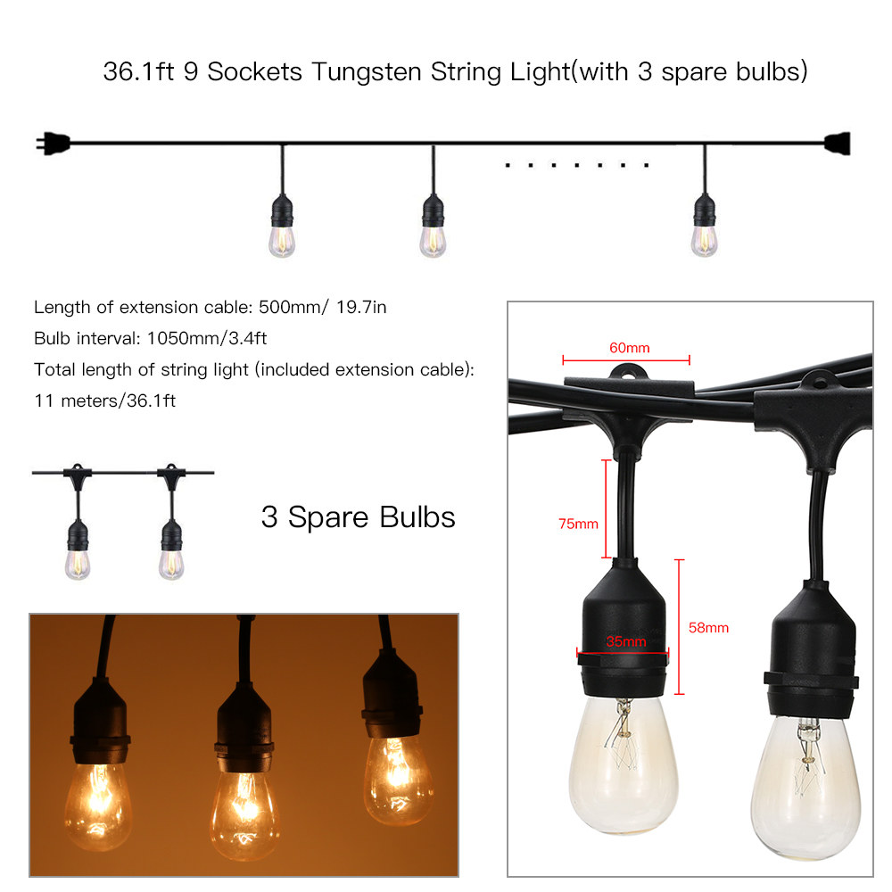 Tomshine String Light Kit AC220-250V 99W 36.1Ft E27 Base Socket Holder ...