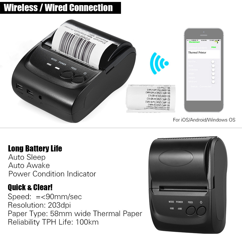POS-5802DD Mini Portable Wireless USB Thermal Printer Receipt Ticket ...