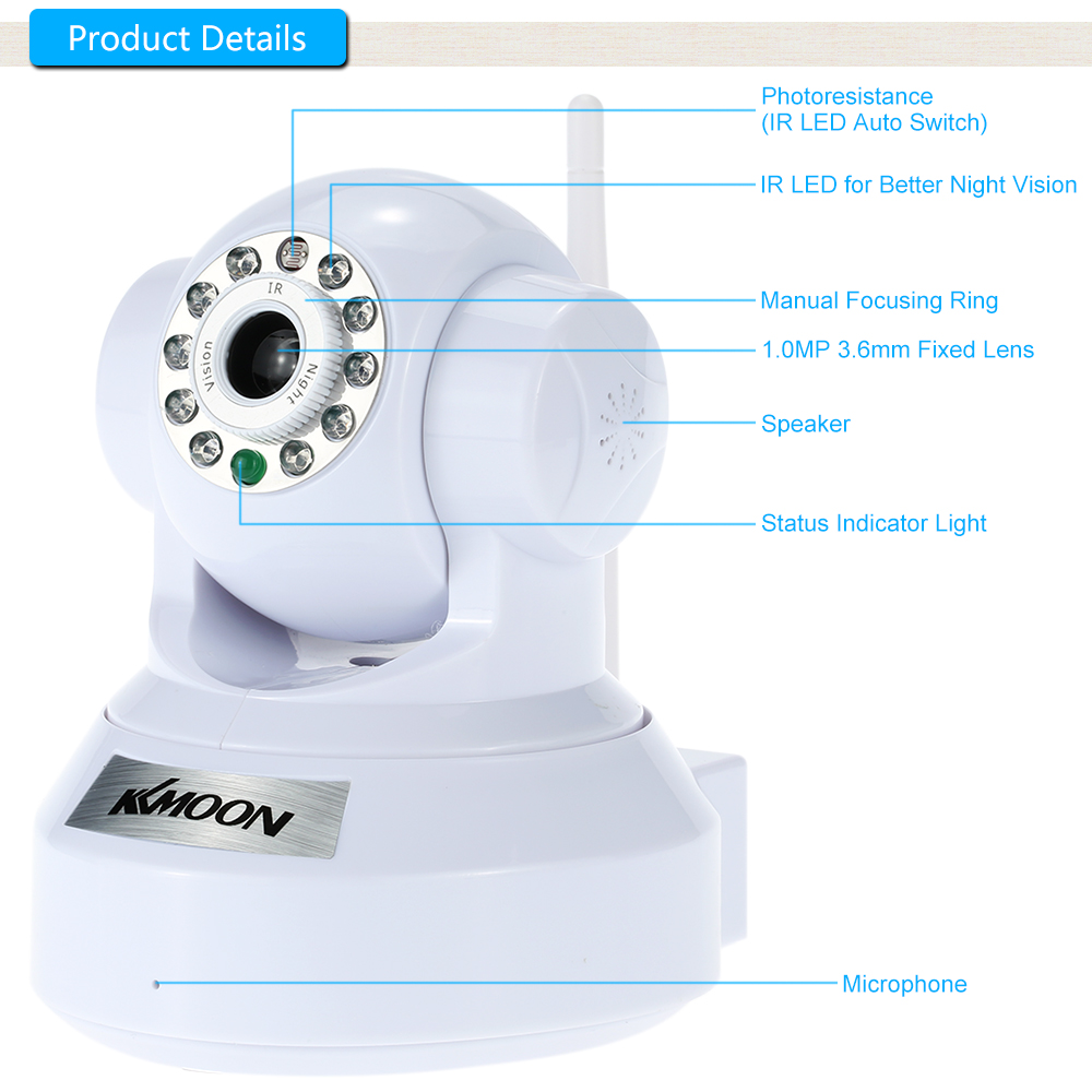 KKmoon® 1.0MP Camera PnP P2P Pan Tilt IR WiFi Wireless Network IP Webcam