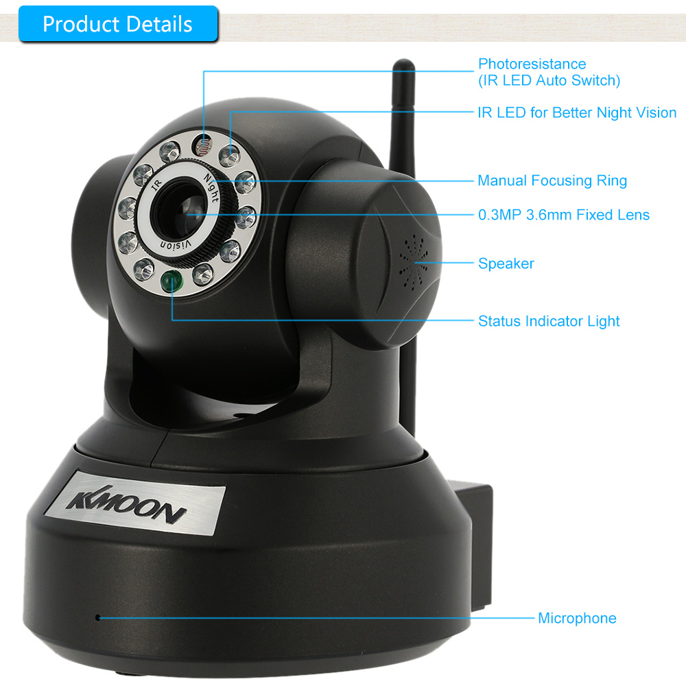 KKmoon® 0.3MP Camera PnP P2P Pan Tilt IR WiFi Wireless Network IP Webcam