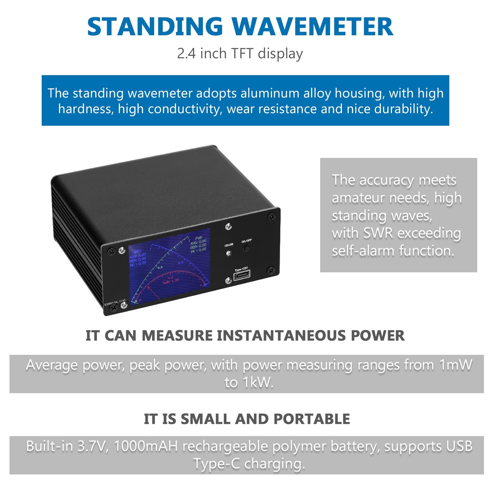 0.4MHz-60MHz 0.1mW-1KW Standing Wavemeter 2.4inch TFT Touching Display ...