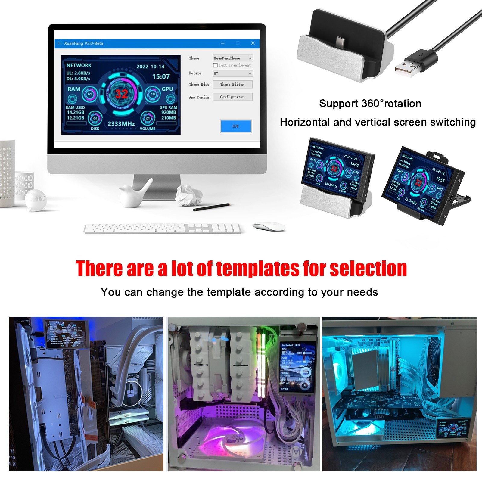 Tela IPS de 3,5 polegadas Tela Secundária USB Computadores CPU GPU RAM ...