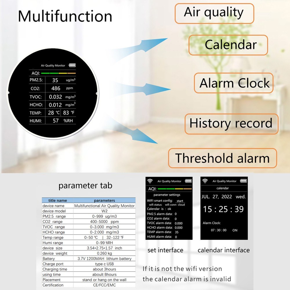 Tuya WiFi Multifunctional Air Quality Detector 7 In 1 PM2.5 TVOC CO2 HCHO Temperature Humidity ...