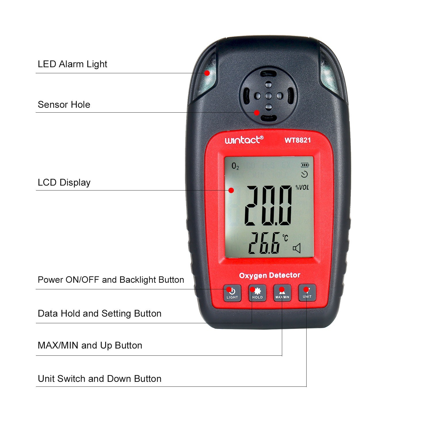 wintact WT8821 Oxygen Detector Industrial Digital Handheld Oxygen Meter ...