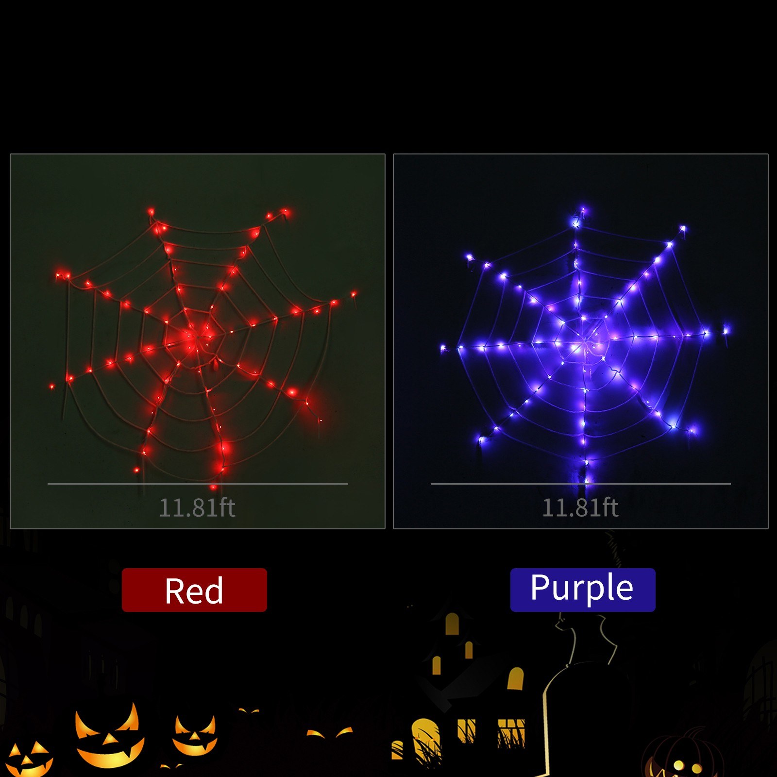 12FT Halloween Spider Web Lights 120LED Purple Decorative Spider Web ...