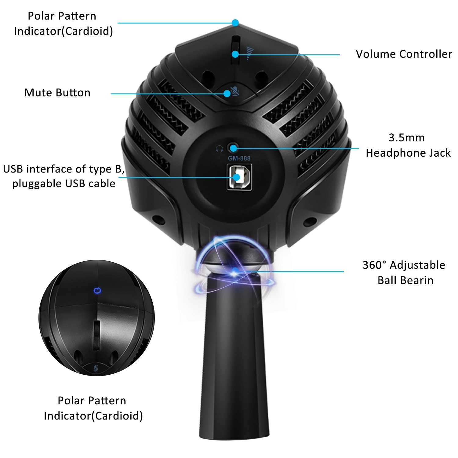 ammoon GM-888 USB Condenser Microphone Ball-shaped Mic with Desktop ...