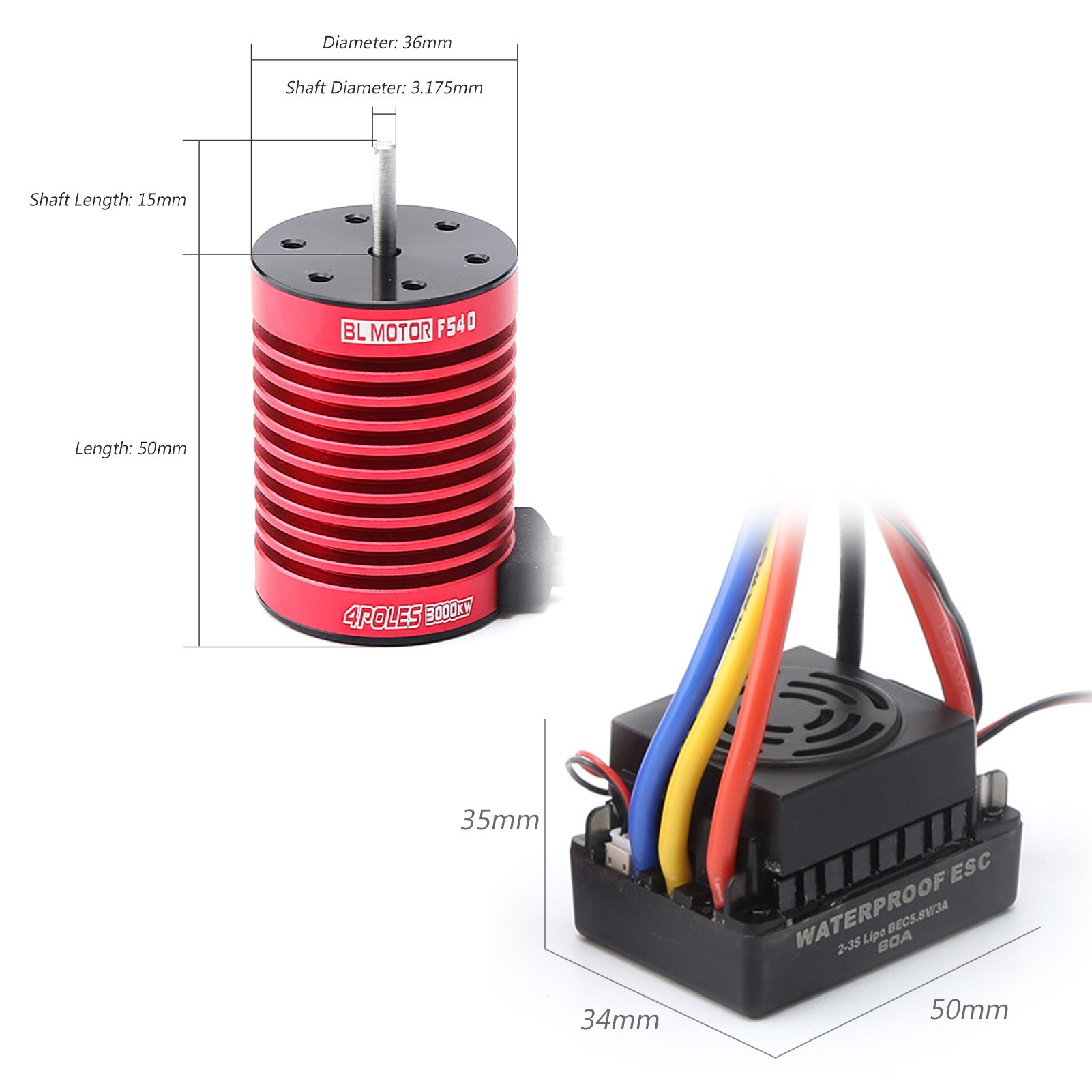 F540 Brushless Motor 3000KV RC Crawler Motor 4 Poles with Heatsink and ...