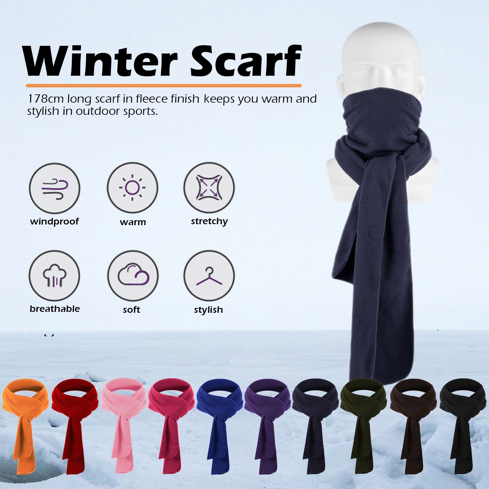 Men Women Long Fleece Scarf for Winter Sports Lightweight Solid Neck ...
